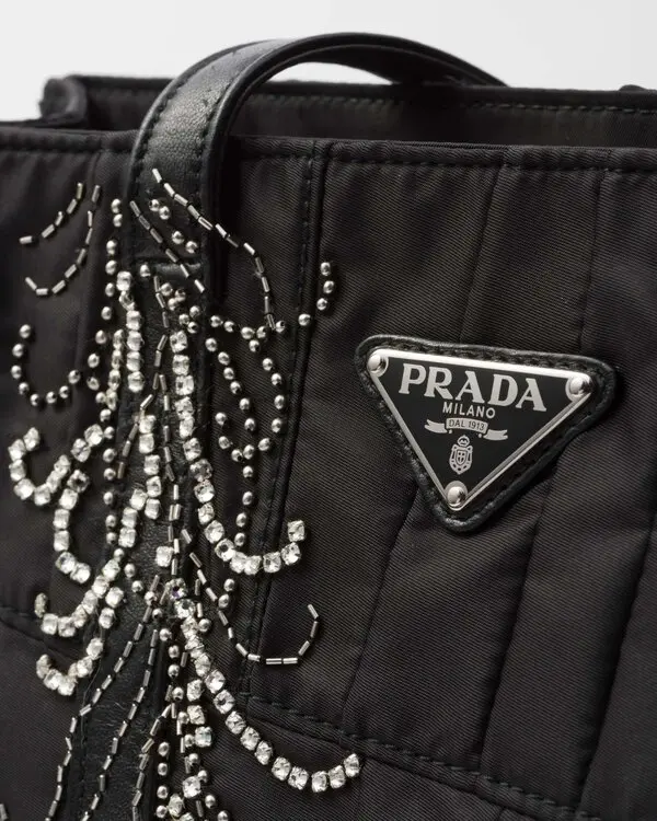 Prada Medium Re-nylon Patchwork Tote Bag With Embroidery And Studs