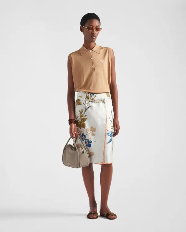 Prada Floral Printed Belted Midi Skirt