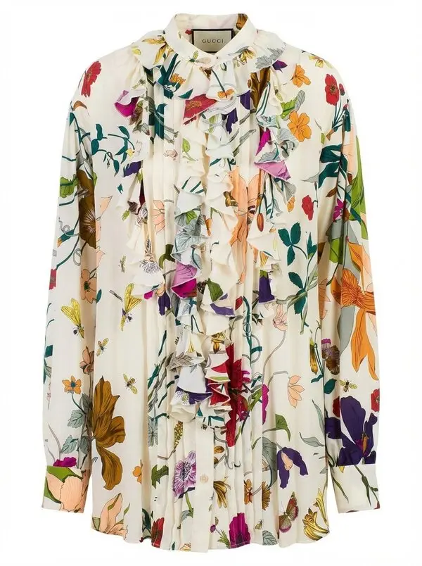 Gucci Ruffle Trim Floral Print Shirt