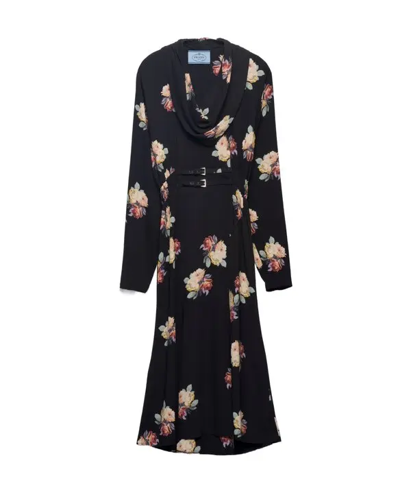 Prada Floral Print Long Sleeve Midi Dress - Black