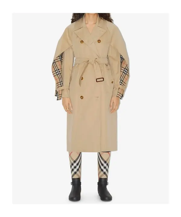 Burberry Double-breasted Belted Coat With Signature Check Details - Brown