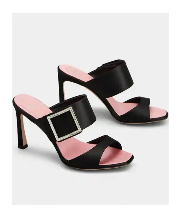 ROGER VIVIER Trompette Satin Mules With Crystal Buckle - Black