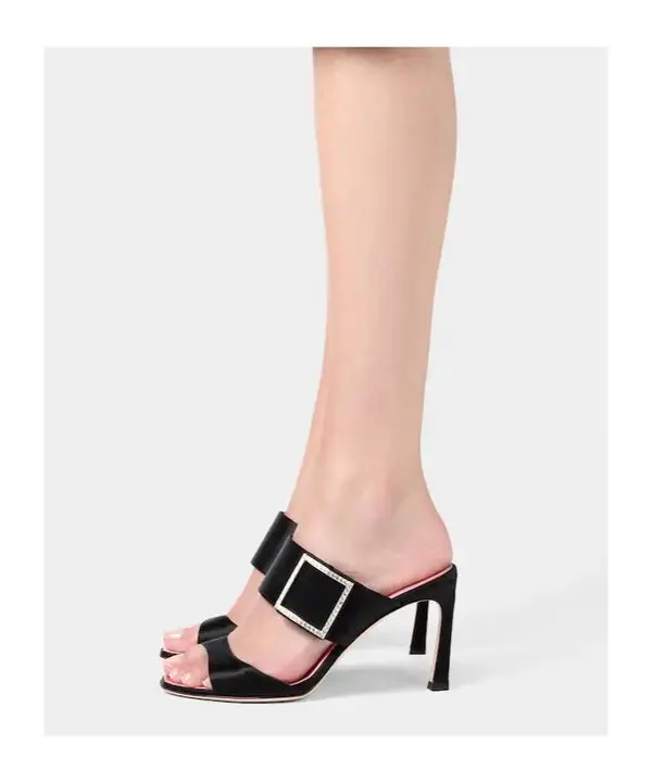 ROGER VIVIER Trompette Satin Mules With Crystal Buckle - Black