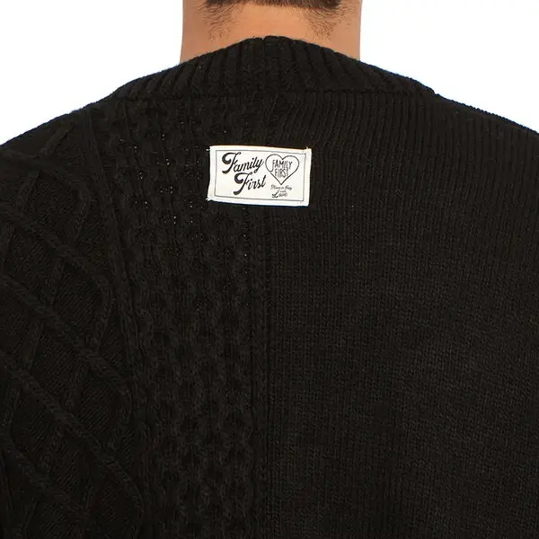 FAMILY FIRST V-neck Long-sleeve Sweater With Ribbed And Cable Knit Details