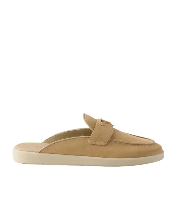 Prada Suede Mules With Enamel Triangle Logo - Off White
