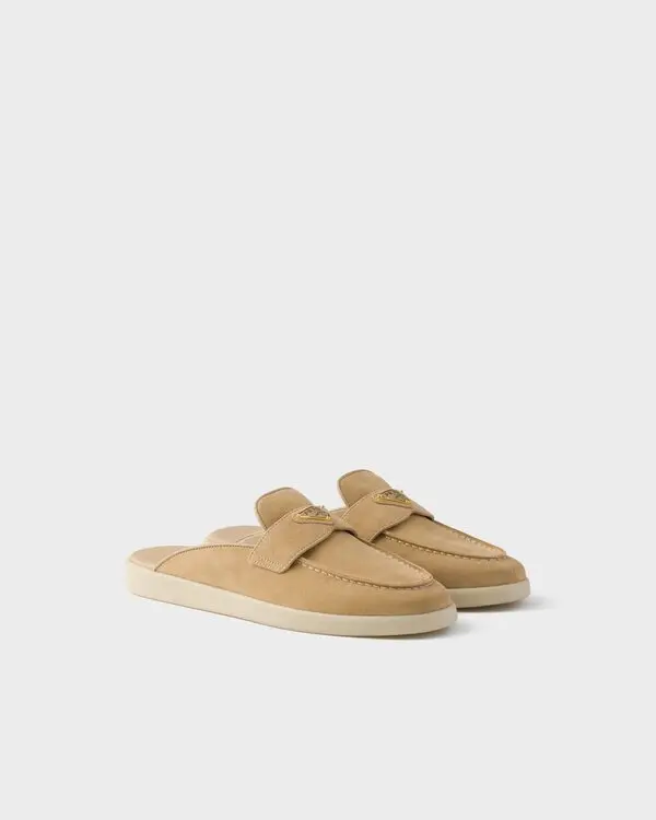 Prada Suede Mules With Enamel Triangle Logo - Off White