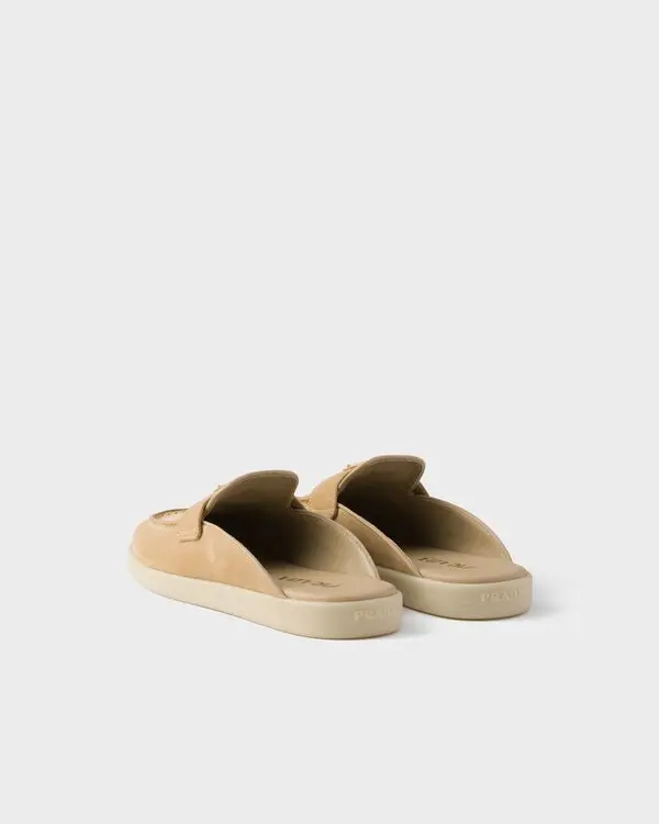Prada Suede Mules With Enamel Triangle Logo - Off White