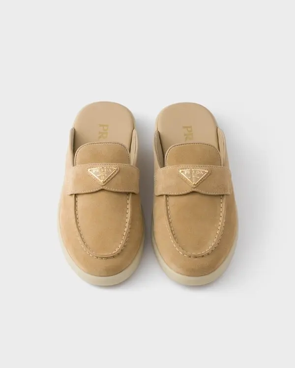 Prada Suede Mules With Enamel Triangle Logo - Off White