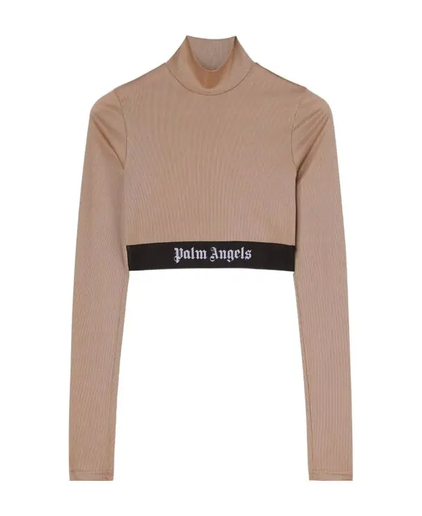 Palm Angels Ribbed Cropped Long Sleeve T-shirt With Logo Waistband - Nude