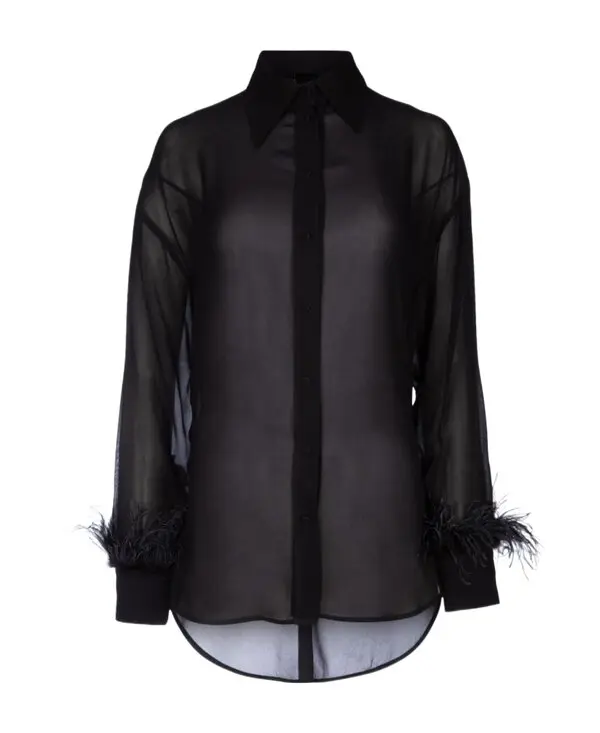 Pinko Semi-sheer Long-sleeved Georgette Shirt With Feather Detail - Black