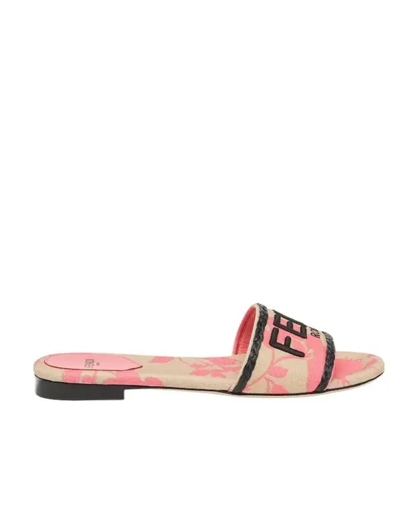 Fendi Flat Slides With Floral Motif And Logo Detail - Nude
