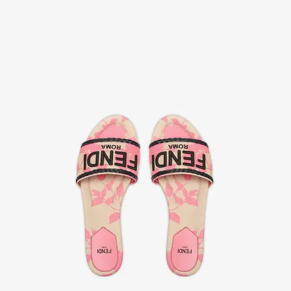 Fendi Flat Slides With Floral Motif And Logo Detail - Nude