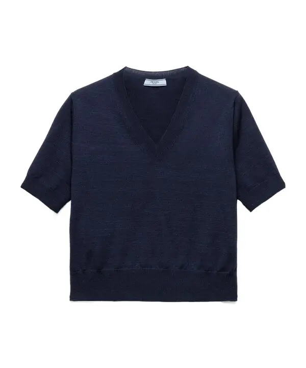 Prada V-neck Fine Knit Short Sleeve Sweater - Blue