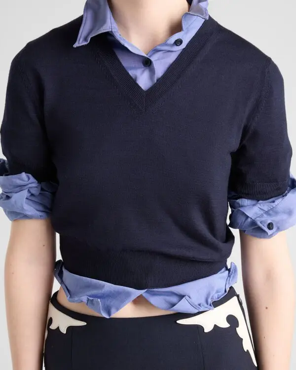 Prada V-neck Fine Knit Short Sleeve Sweater