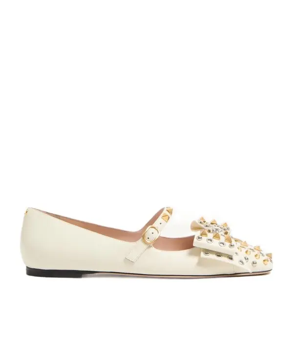 Valentino Garavani Mary Jane Bow Ballerina Flats In Kidskin With Stud Embellishments - Ivory White