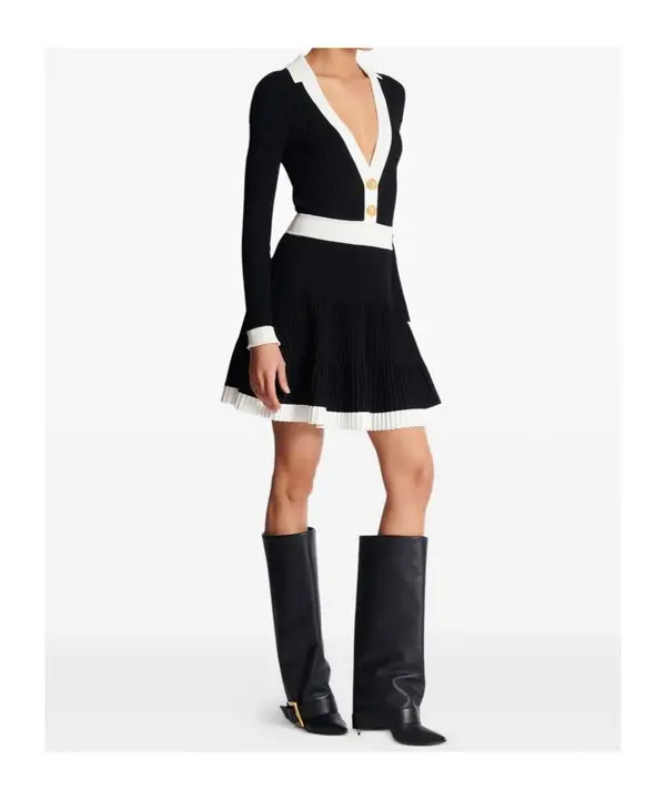 Balmain Long Sleeve V-neck Flare Knit Dress - Black