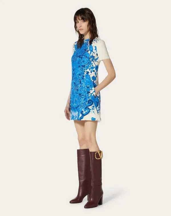Valentino Garavani Short Sleeve Floral Print Crepe Couture Dress