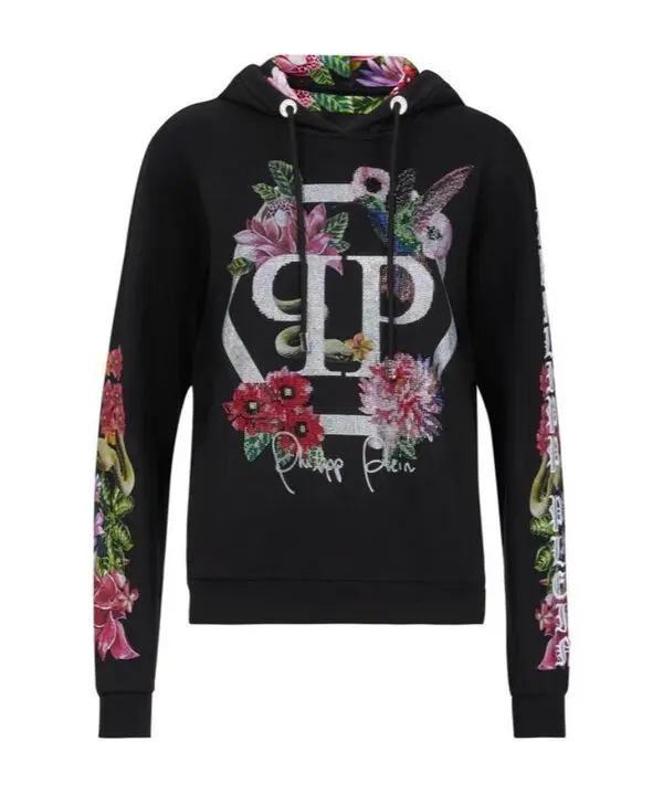 Philipp Plein Embellished Floral Logo Hoodie - Black