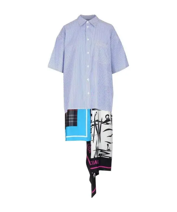 Balenciaga Striped Shirt Dress With Printed Asymmetrical Hem