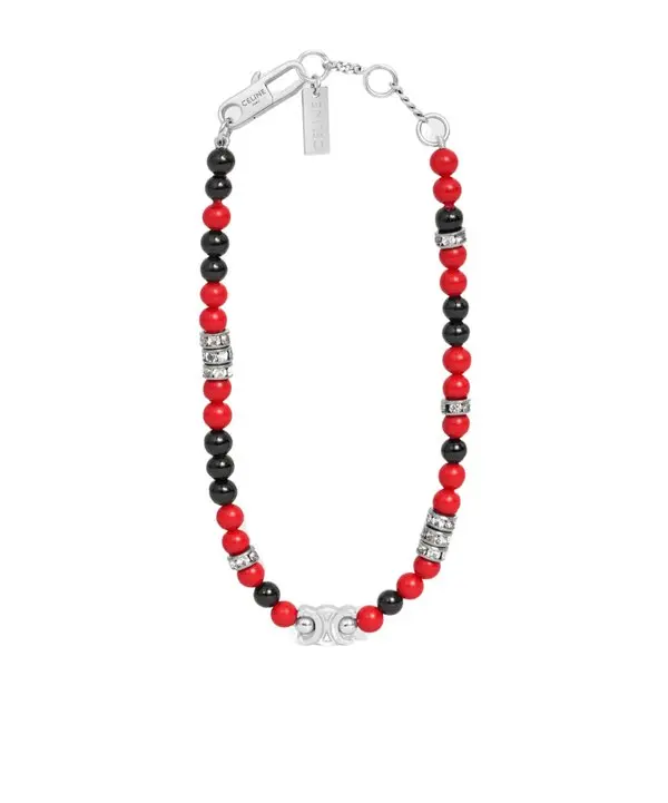 Celine San Onofre Triomphe Bracelet In Onyx, Resin Pearls, Strass And Brass With Rhodium Finish - Red/black/silver