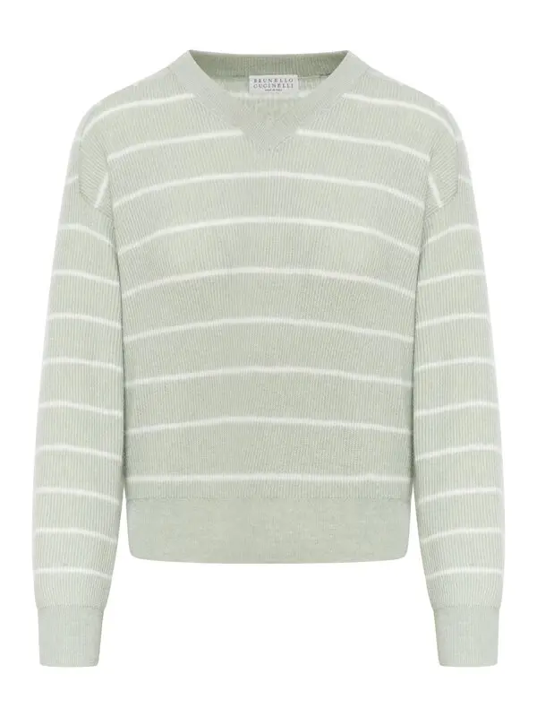 Brunello Cucinelli Striped Ribbed V-neck Jumper - Light-colored