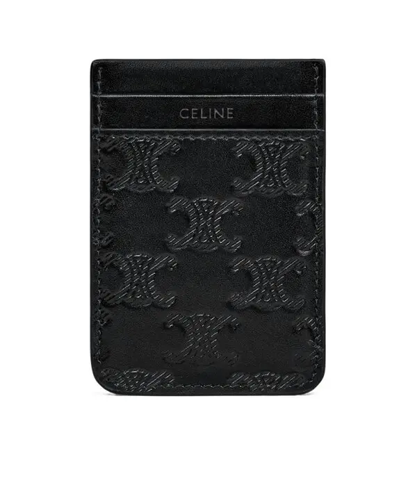 Celine Magnet Card Holder In Calfskin With Triomphe Embossed - Black