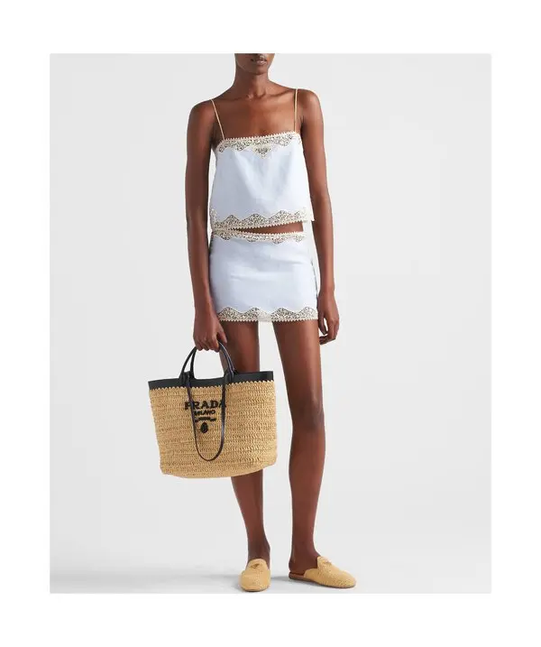 Prada Embroidered Lace-trimmed Linen Miniskirt