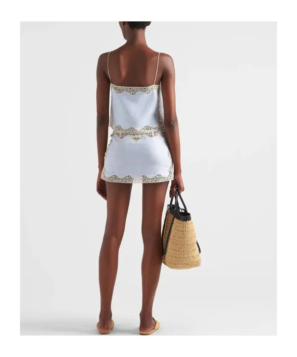 Prada Embroidered Lace-trimmed Linen Miniskirt