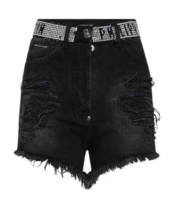 Philipp Plein Denim Shorts With Logo Detail - Black