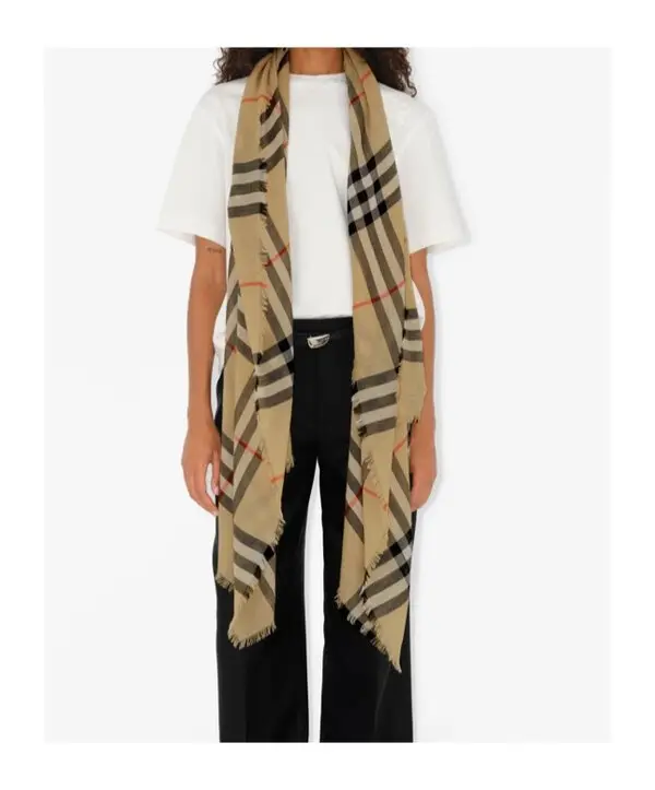 Burberry Check Printed Frayed-edge Scarf - Sand-colored