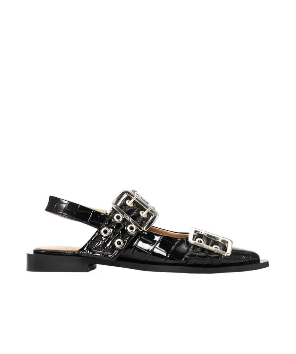 GANNI Embossed Patent Feminine Buckle Ballerinas - Black