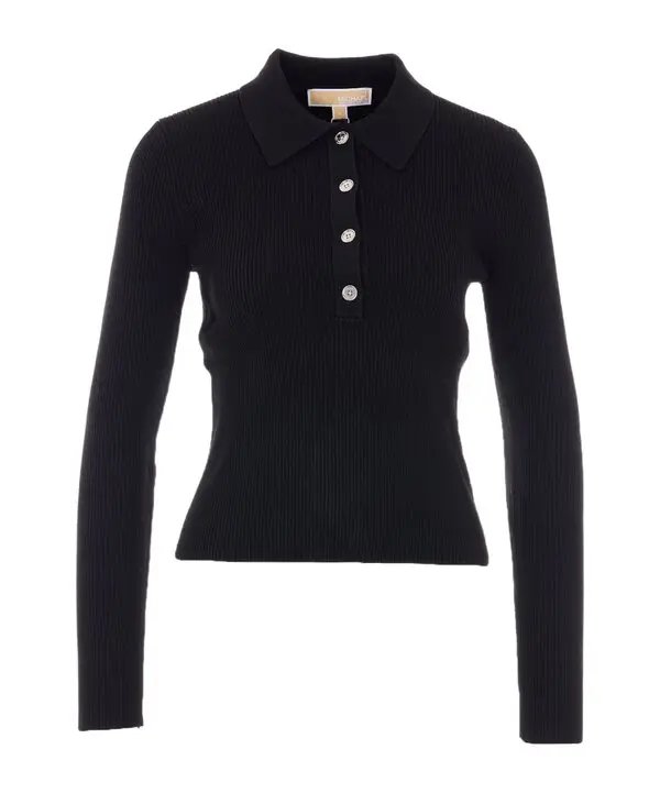Michael Kors Ribbed Knit Long Sleeve Polo Shirt - Black