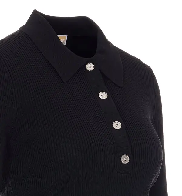 Michael Kors Ribbed Knit Long Sleeve Polo Shirt - Black