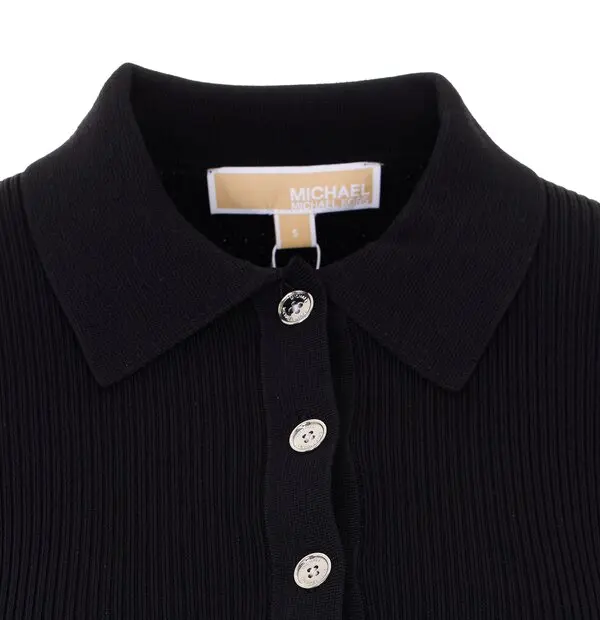 Michael Kors Ribbed Knit Long Sleeve Polo Shirt - Black