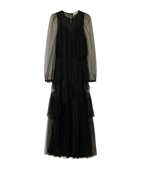 TWINSET Sheer Layered Maxi Dress With Ruffles And Lace Inlays - Black