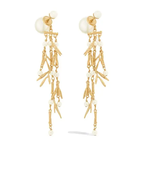 Dior Tribal Earrings With Bamboo Charm And Faux Pearl Accents - Yellow