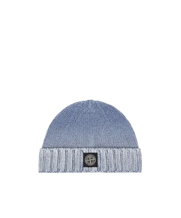 Stone Island Ribbed Logo Patch Beanie Hat - Avio Blue