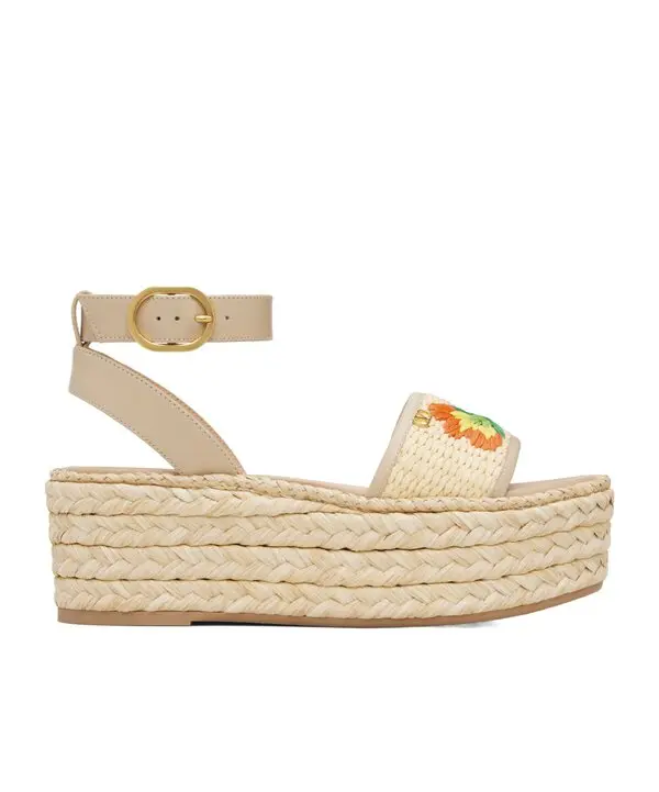 Valentino Garavani Polished Leather And Woven Raffia Platform Sandals With Floral Embroidery - Natural/taupe