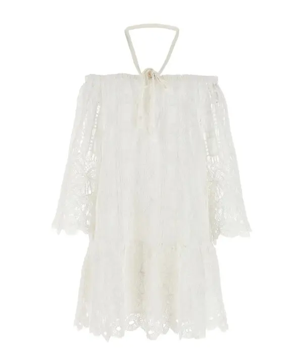 Pinko Off-the-shoulder Mini Dress With Openwork Lace - White