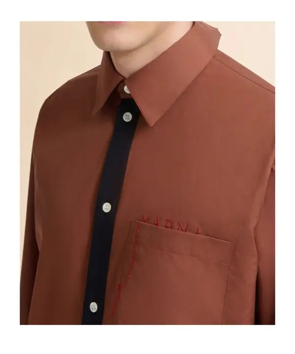 Marni Brown Cotton Poplin Shirt With Mending Logo - Maroon