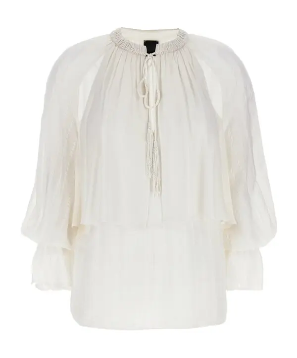 Pinko Tie Neck Beaded Tiered Blouse - White