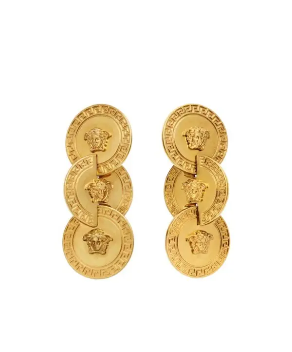 Versace Gold Tribute Earrings With Medusa And Greek Goddess Motifs - Yellow