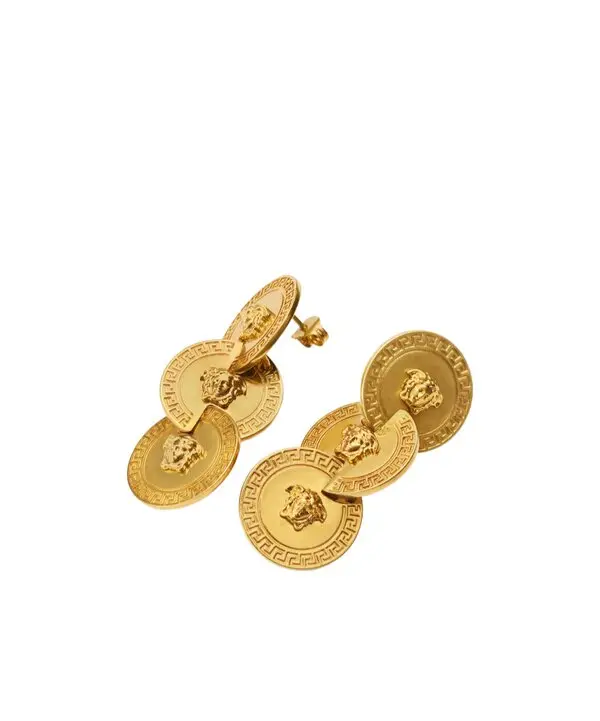 Versace Gold Tribute Earrings With Medusa And Greek Goddess Motifs