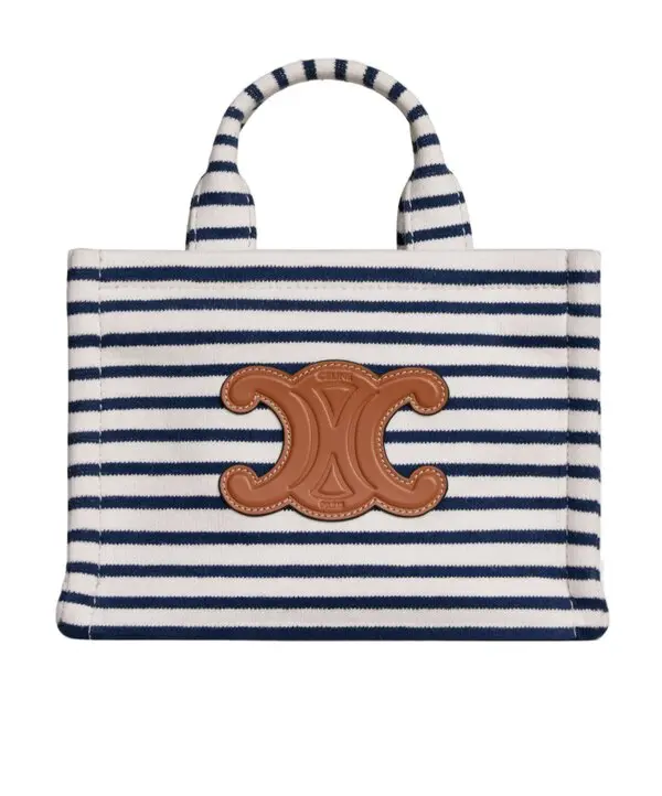 Celine Mini Cabas Thais In Striped Textile And Calfskin - Navy Blue/tan