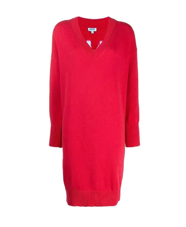 Kenzo V-neck Logo Knit Dress - Red