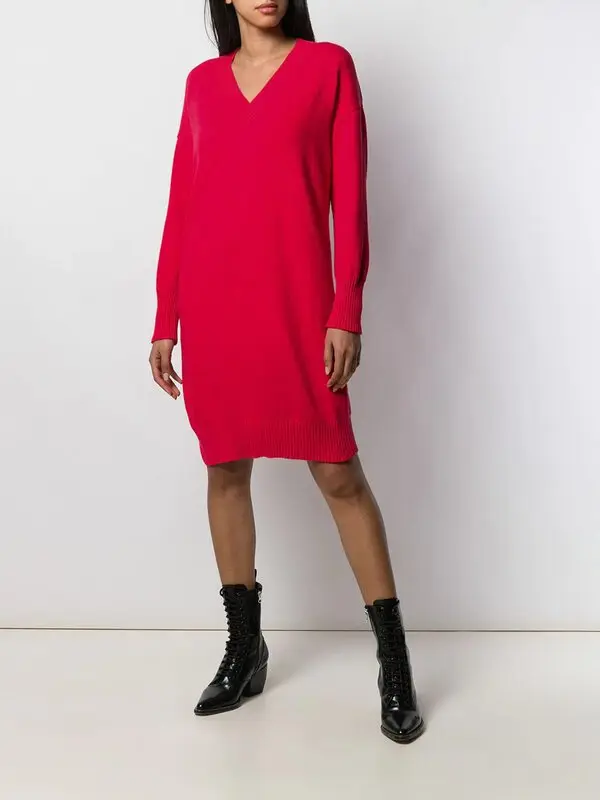 Kenzo V-neck Logo Knit Dress - Red