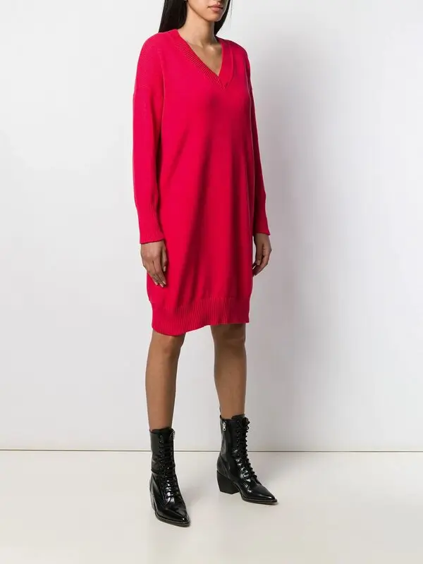 Kenzo V-neck Logo Knit Dress - Red