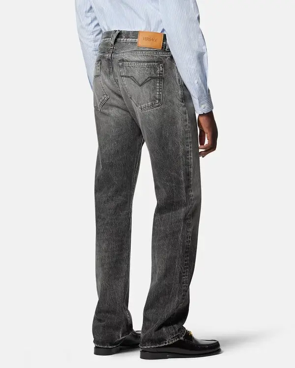 Versace Logo Patch Loose Jeans - Grey