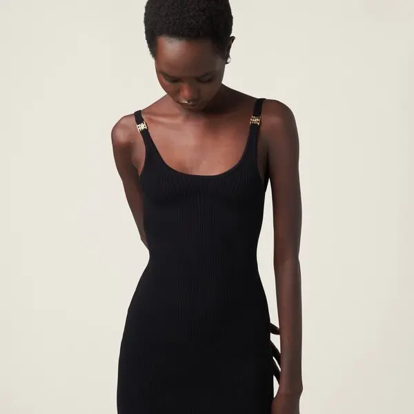 Miu Miu Sleeveless Ribbed-knit Midi Dress With Logo Detail