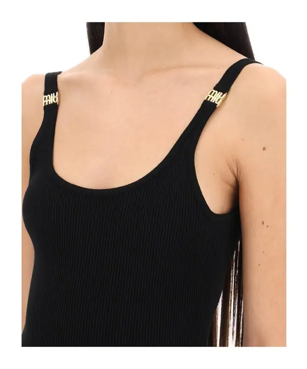 Miu Miu Sleeveless Ribbed-knit Midi Dress With Logo Detail